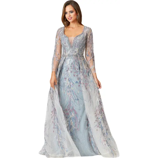 LARA NEW YORK Long Sleeve Lace Gown With Overskirt - Multi