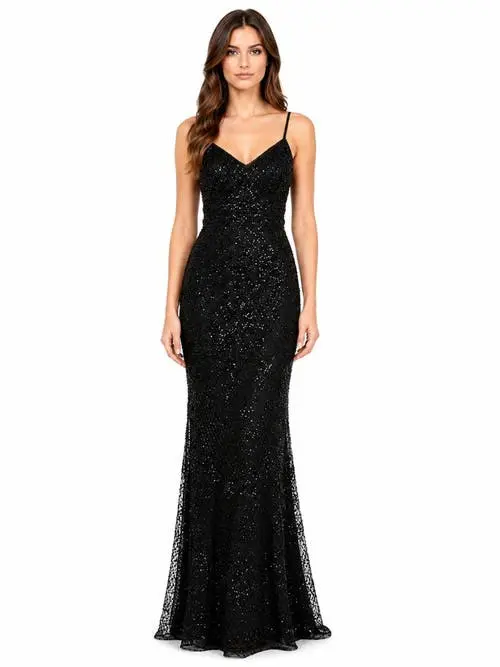 LARA NEW YORK Body Con V-neck Beaded Dress - Black