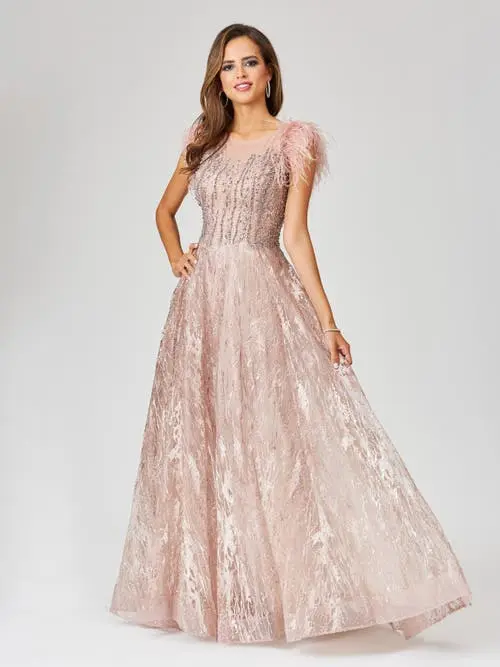 LARA NEW YORK Ombre Lace Ballgown With Feather Cap Sleeves And Rhinestone Embellishments - Blush