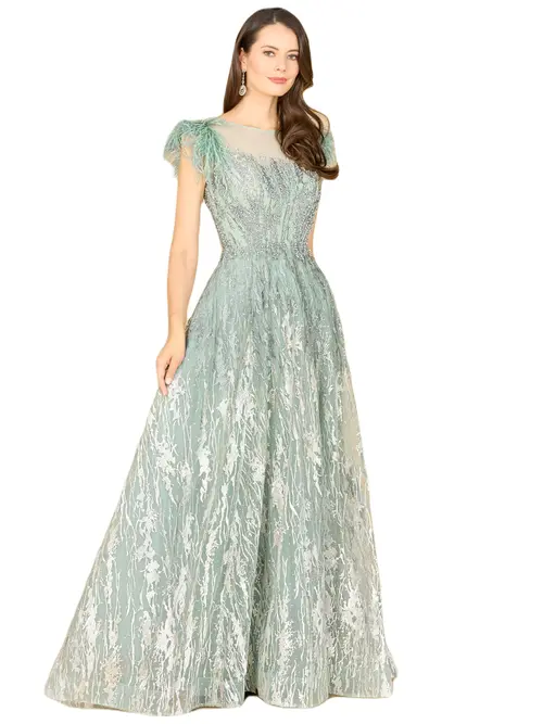 LARA NEW YORK Ombre Lace Ballgown With Feather Cap Sleeves And Rhinestone Embellishments - Sage