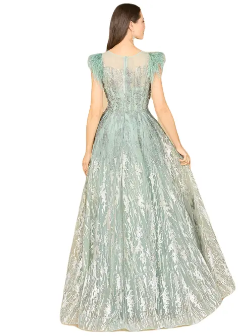 LARA NEW YORK Ombre Lace Ballgown With Feather Cap Sleeves And Rhinestone Embellishments - Sage