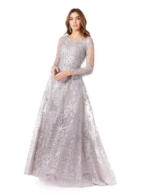 LARA NEW YORK Long-sleeve Embellished Ball Gown - Stone