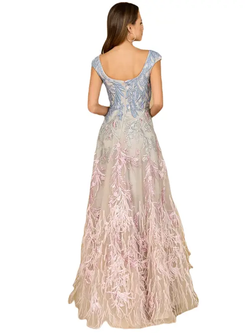 LARA NEW YORK Cap Sleeves Feather Detail Ballgown