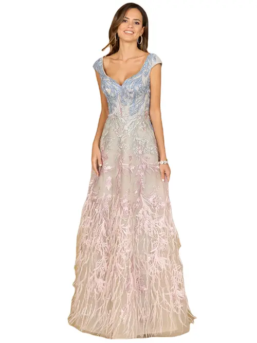 LARA NEW YORK Cap Sleeves Feather Detail Ballgown - Multi