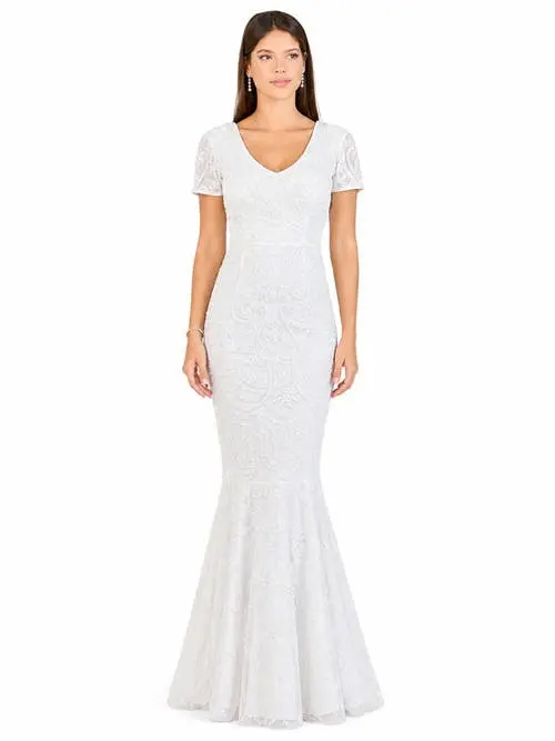 LARA NEW YORK Cap Sleeve Beaded Mermaid Gown - Ivory
