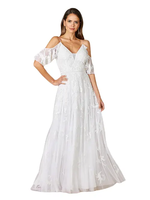 LARA NEW YORK Giana Beaded Cold-shoulder Gown - Ivory