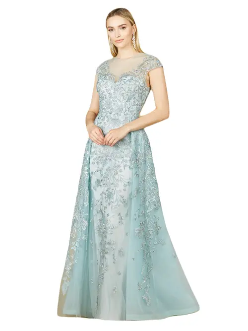 LARA NEW YORK Long Bell Sleeve V-neck Beaded Gown - Lightblue