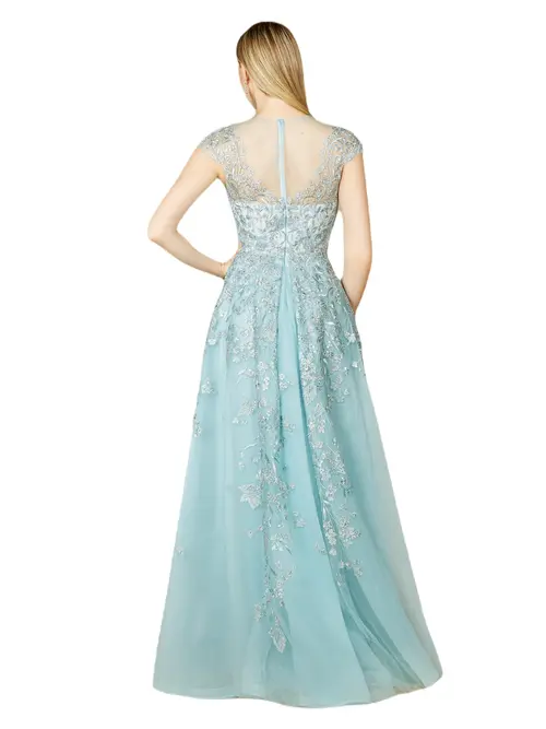 LARA NEW YORK Long Bell Sleeve V-neck Beaded Gown