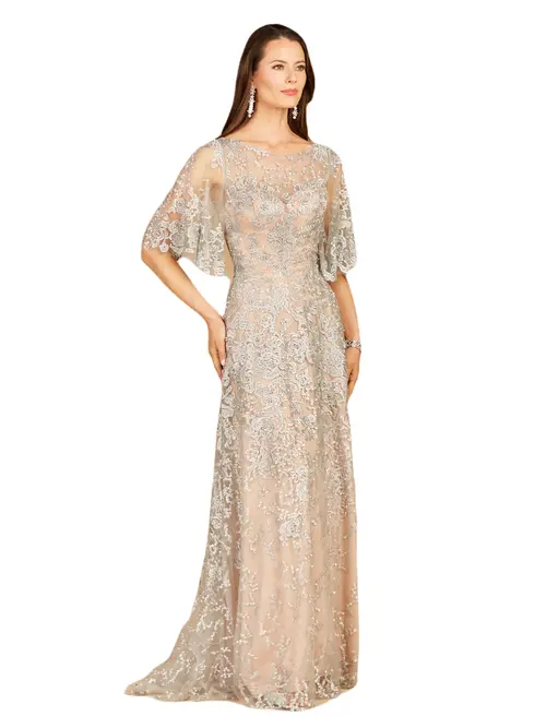 LARA NEW YORK Cape Sleeve Gown - Silver