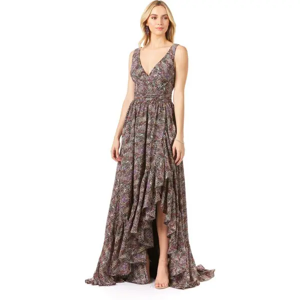 LARA NEW YORK V-neck Printed Hi-low Gown