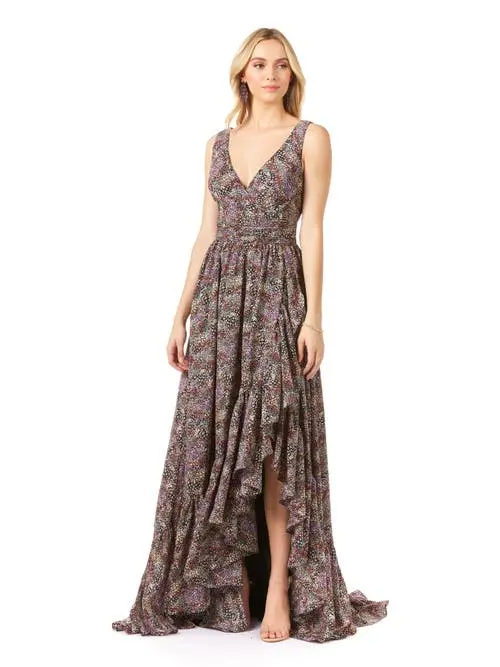 LARA NEW YORK V-neck Printed Hi-low Gown