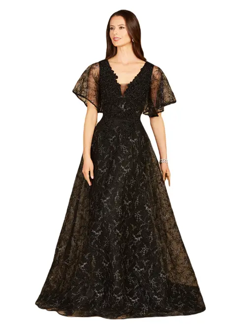 LARA NEW YORK Cape Sleeve Beaded Gown - Black