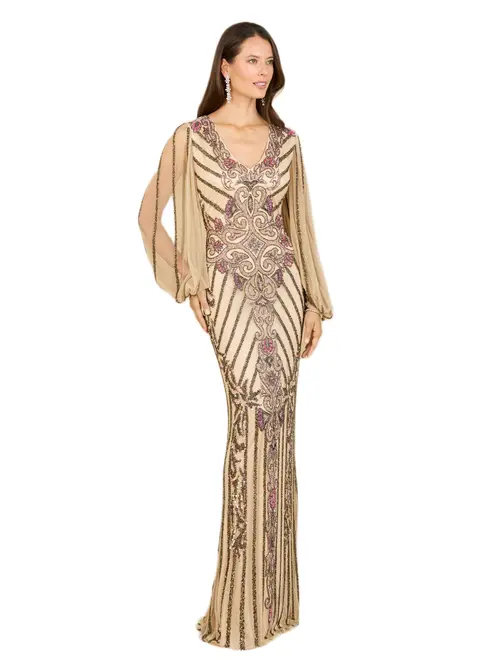 LARA NEW YORK Beaded Tulle Long Dress With Flutter Sleeves - Nudemulti