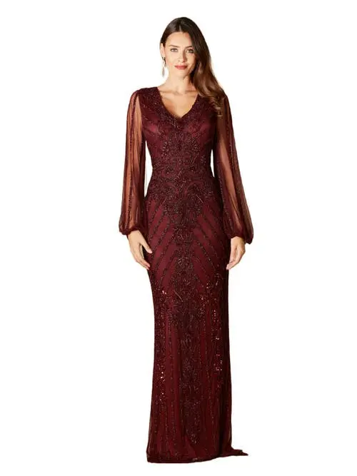 LARA NEW YORK Long Flutter Sleeve Beaded Gown - Wine