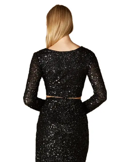 LARA NEW YORK Long Sleeve Beaded Top - Black
