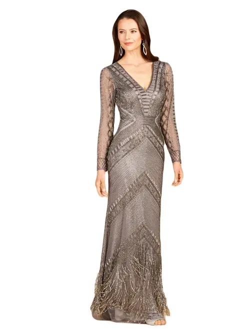 LARA NEW YORK Long Sleeve Tulle Dress With Fringe - Grey