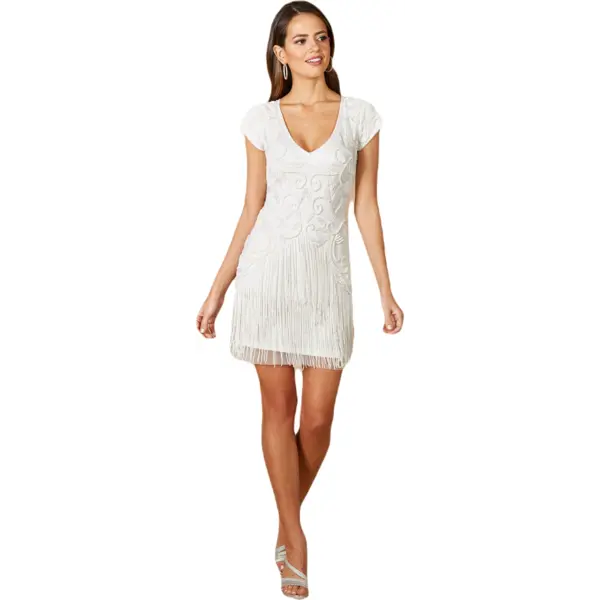 LARA NEW YORK Candie Beaded Mini Dress With Fringe - Ivory