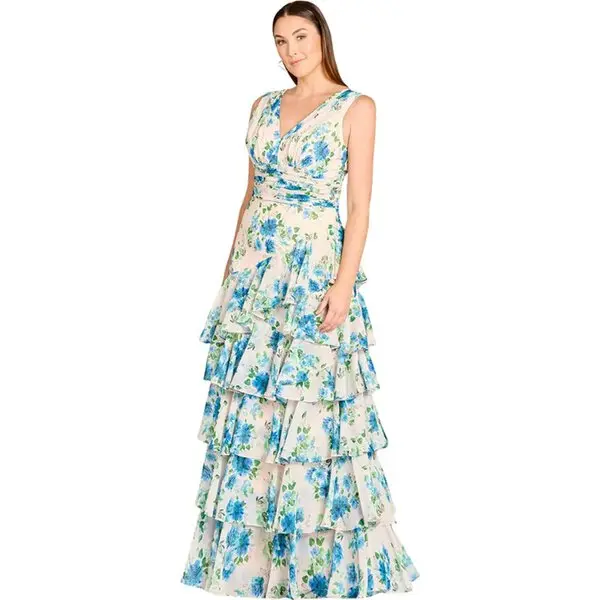 LARA NEW YORK Ruffle Skirt Print Dress - Blue