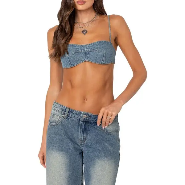 EDIKTED Brandy Denim Bralette - Blue-washed