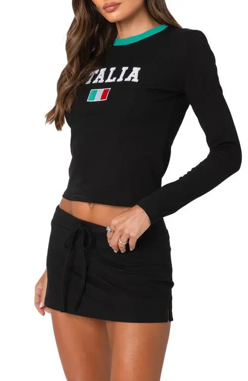 EDIKTED Italy Long Sleeve Crop Graphic T-shirt - Black