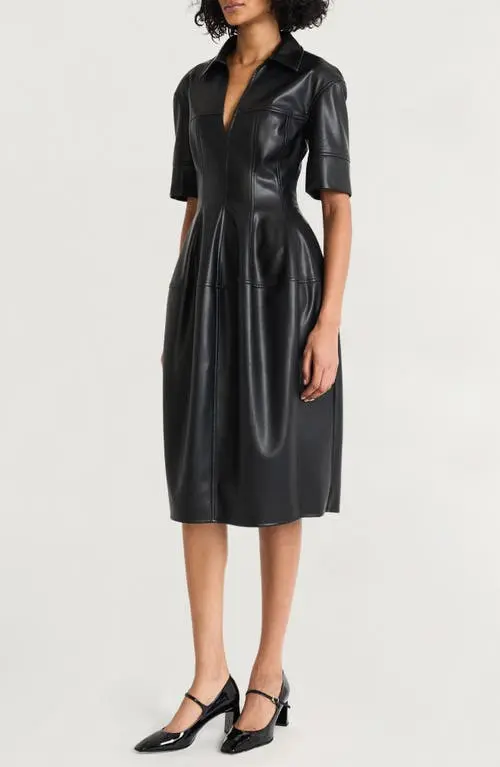 black faux leather wrap dress Women's Something to Behold Black Faux Leather Short Sleeve Belted Midi Dress | Size: S