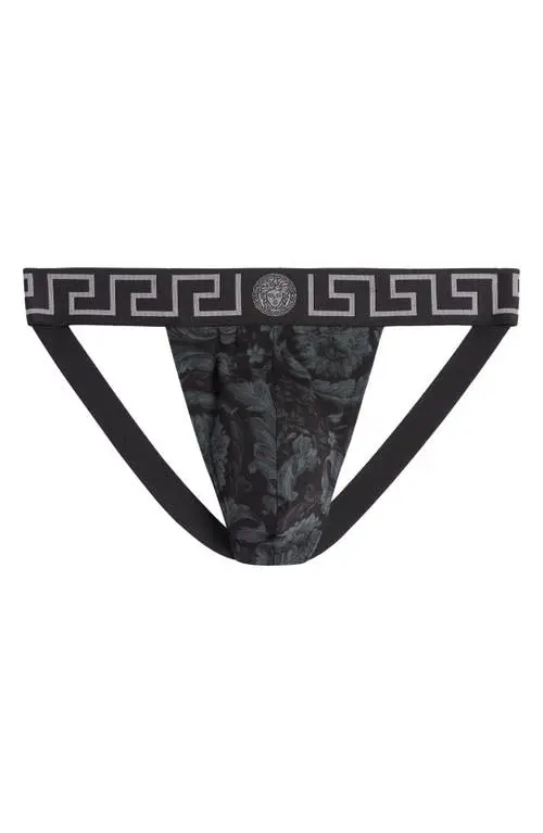 Versace Barocco Stretch Cotton Jockstrap - Black Grey