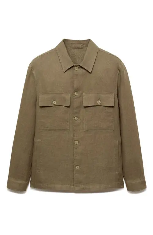 Mango Linen Button-up Shirt Jacket - Khaki Green
