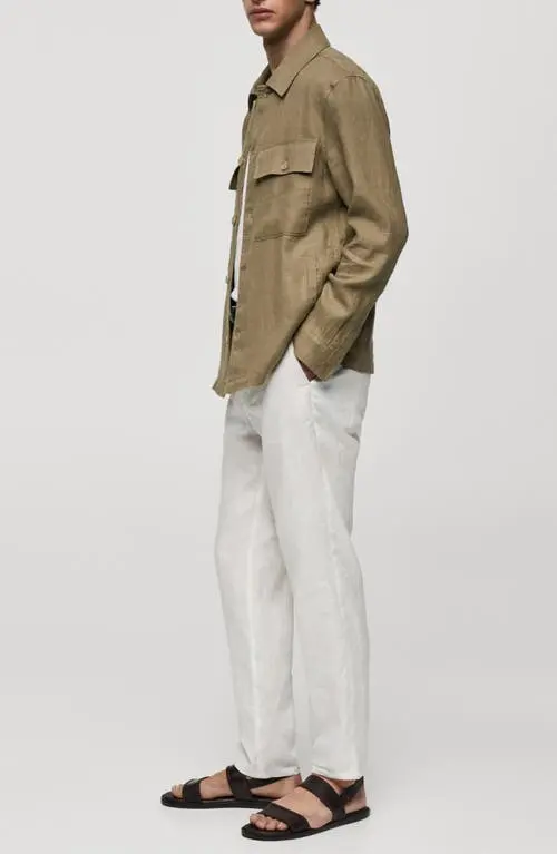Mango Linen Button-up Shirt Jacket - Khaki Green