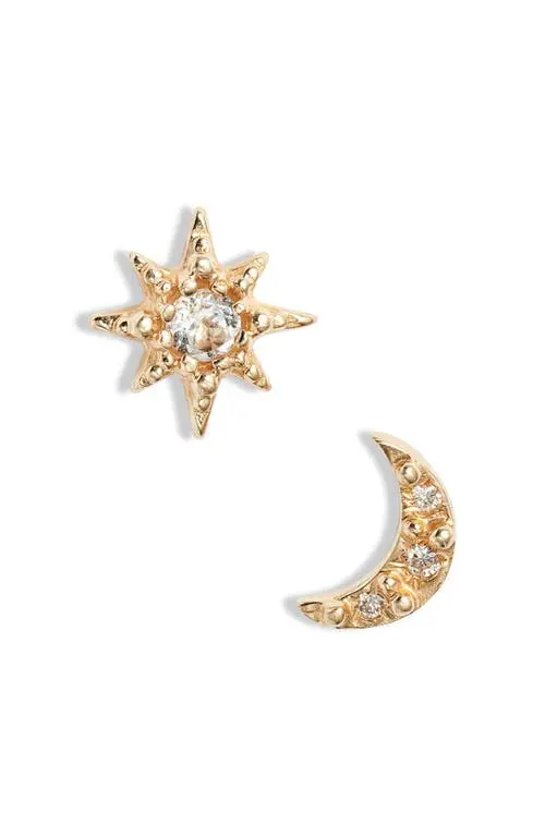Anzie Moon Crescent Mismatched Stud Earrings - Yellow Gold