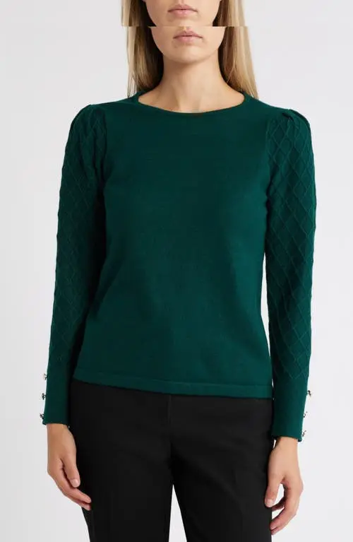 Anne Klein Diamond Stitch Sleeve Button Cuff Sweater - Pine Forest