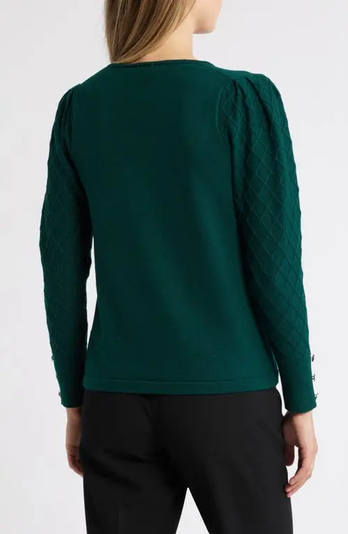 Anne Klein Diamond Stitch Sleeve Button Cuff Sweater - Pine Forest