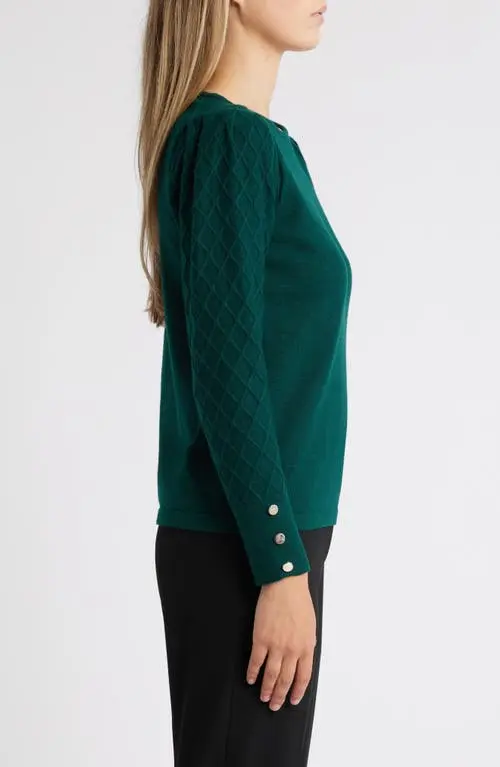 Anne Klein Diamond Stitch Sleeve Button Cuff Sweater - Pine Forest