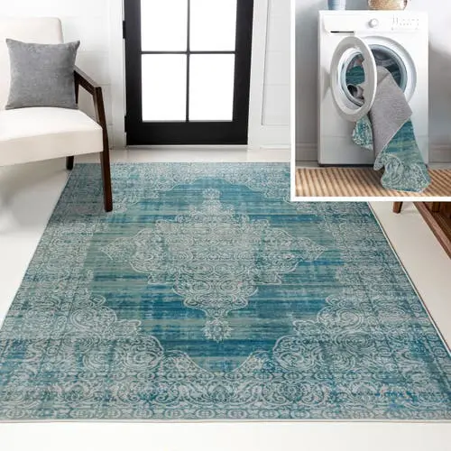 JONATHAN Y Regis Bohemian Medallion Machine-washable Area Rug - Teal/cream
