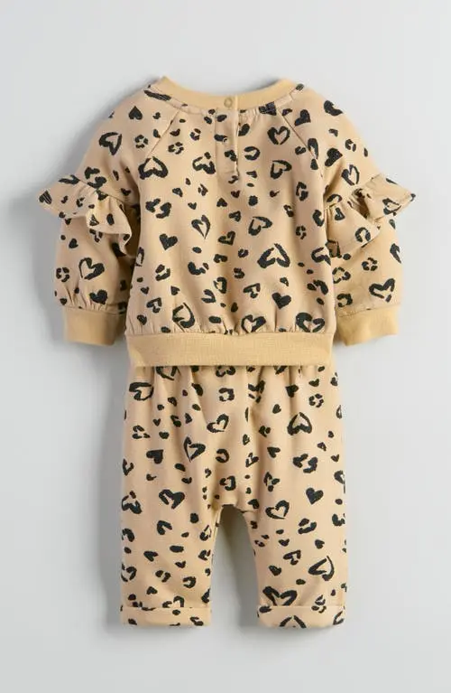 TUCKER + TATE Ruffle Trim Sweatshirt & Sweatpants Set - Tan Natural Leopard Hearts