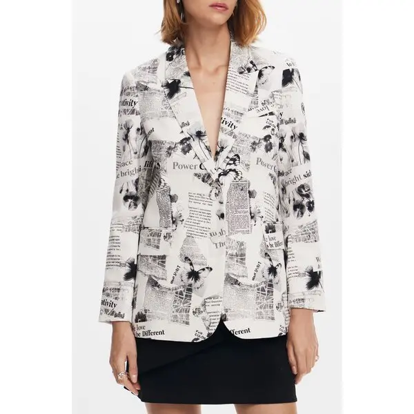 Desigual Bratislava News Print Stretch Cotton Blazer
