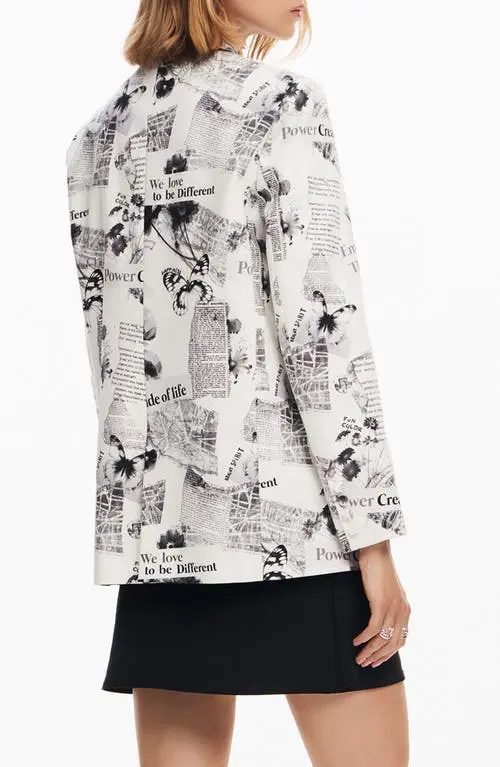 Desigual Bratislava News Print Stretch Cotton Blazer