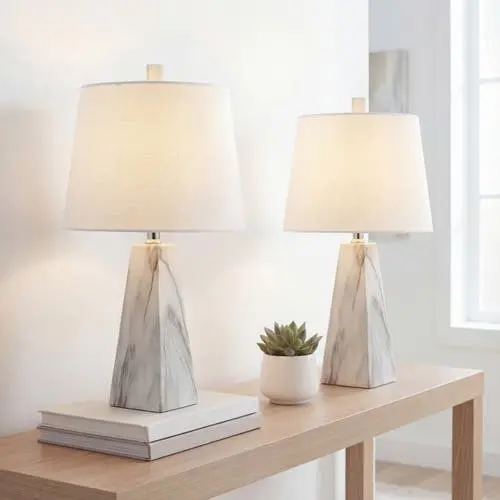 JONATHAN Y Owen Contemporary Resin Led Table Lamp - White Marble Finish- Set Of 2