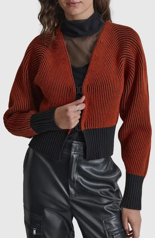Dkny Contrast Rib Cardigan - Russet/black