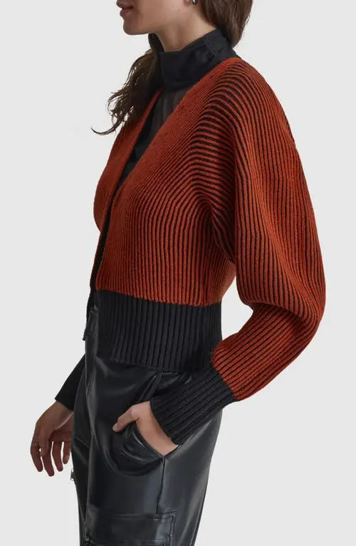 Dkny Contrast Rib Cardigan - Russet/black