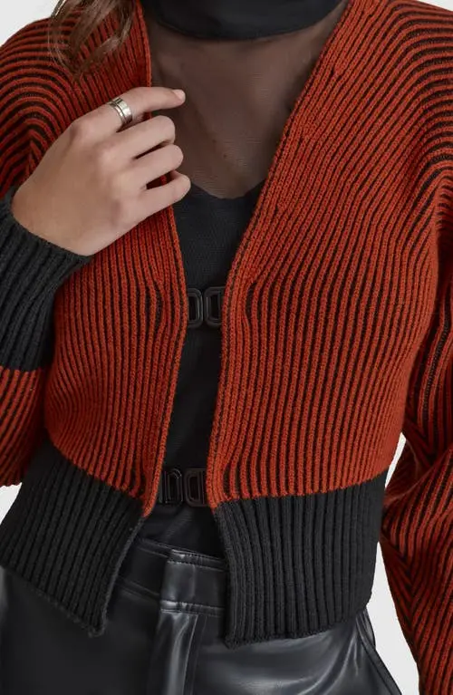 Dkny Contrast Rib Cardigan - Russet/black