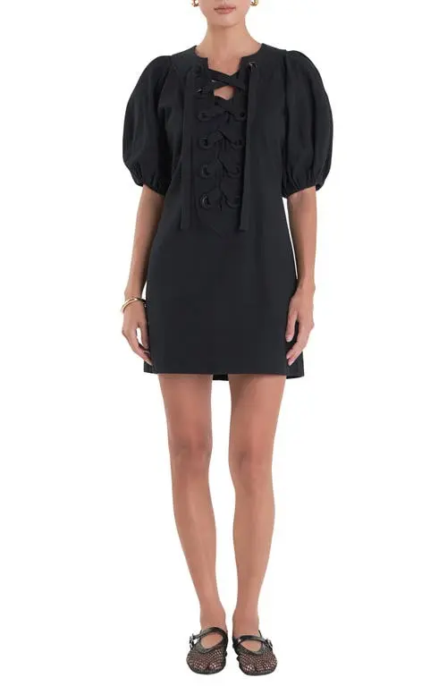 English Factory Lace-up Front Puff Sleeve Minidress - Black