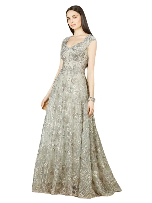 LARA NEW YORK Cap Sleeve V-neck Lace Gown - Slate