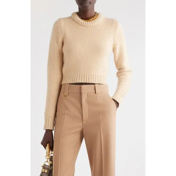 Chloé Padded Crewneck Cashmere & Cotton Crop Sweater - Ultimate Nude