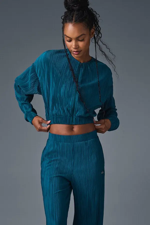 Alo Yoga Cropped Micro Plisse Jacket - Eclipse Blue | Editorialist