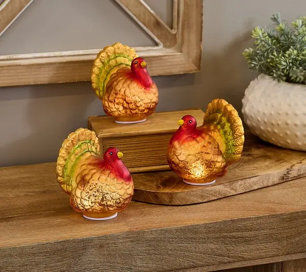 VALERIE PARR HILL Set Of 3 Illuminated Mercury Glass 4' Turkeys Valerie - One-color
