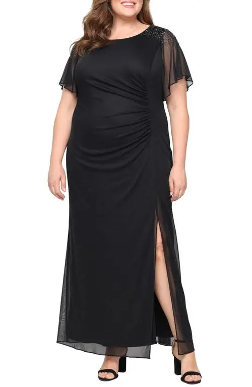 SL FASHIONS Flutter Sleeve Metallic Gown - Black