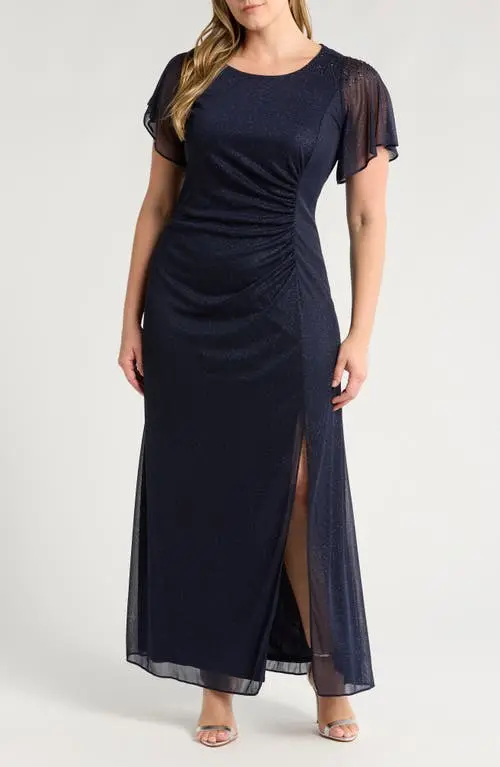 SL FASHIONS Flutter Sleeve Metallic Gown - Navy