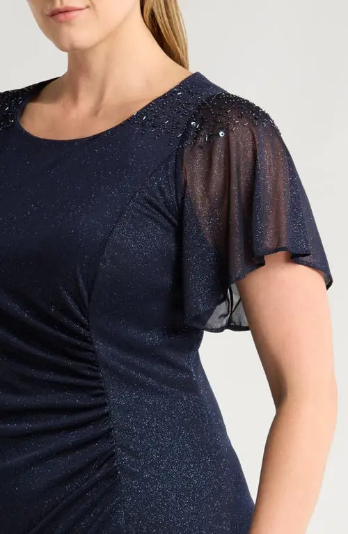 SL FASHIONS Flutter Sleeve Metallic Gown - Navy