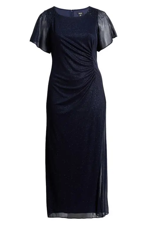 SL FASHIONS Flutter Sleeve Metallic Gown - Navy