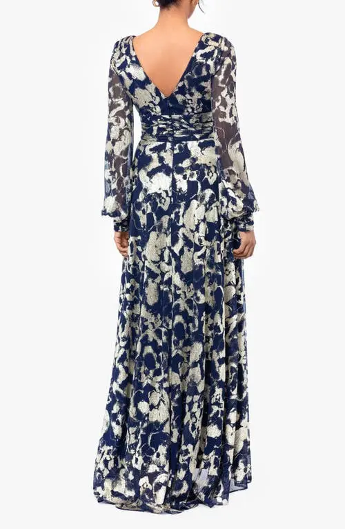 Betsy & Adam Floral Metallic Long Sleeve Gown In Navy/Gold | Editorialist